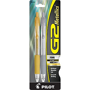 Pilot, G2 Metallics Gel Roller Pens, Fine Point 0.7 mm, Gold & Silver, Pack of 2