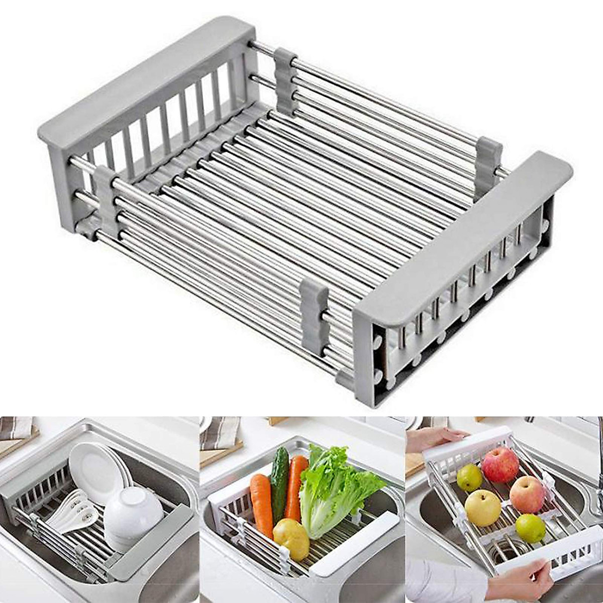 CARNAVAL Retractable Stainless Steel Sink Strainer Drain, Telescopic Drain Basket with Adjustable Armrest, Kitchen Rack Drain Basket, Over The Sink Dish Drying Rack.