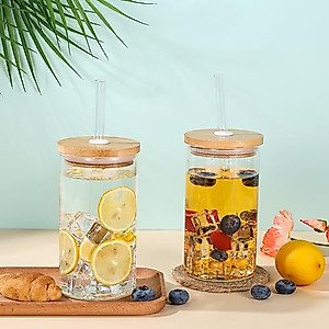 Kftamoetly 2 Pack Glass Cups with Bamboo Lids and Glass Straws, Reusable Wide Mouth Drinking Cups Can Glass Suitable for Juice, Ice Coffee, Tea, Beer, Whiskey (Transparent)