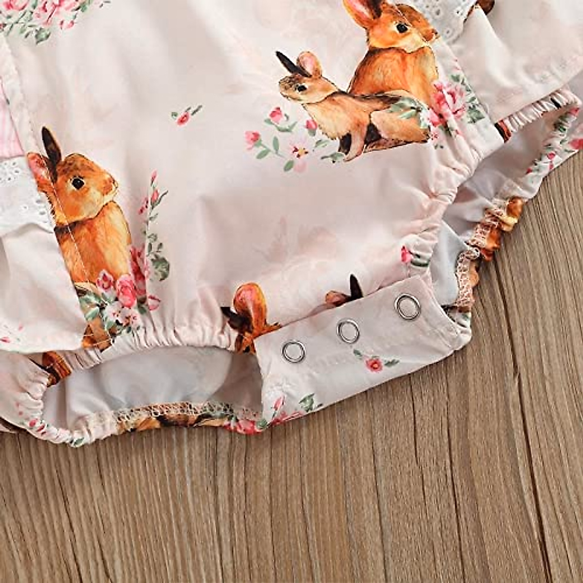 Amberetech Infant Easter Outfit Baby Girls Romper Toddler Bodysuit Cute Sleeveless Ruffle Bunny Printed Jumpsuit Clothes (12-18 Months, Pink)