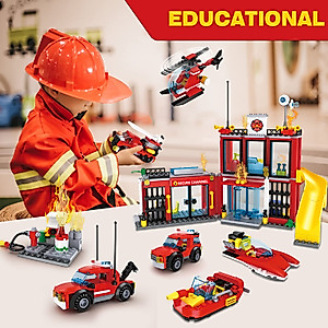 City Rescue Car Building Blocks Toy, Roleplay Parent-Child Set, Firefighter Kit with Fire Truck, Life Boat, Helicopter, Fire Extinguisher Educational Toys Thanksgiving Gift for Kid 6+ (Fire Station)
