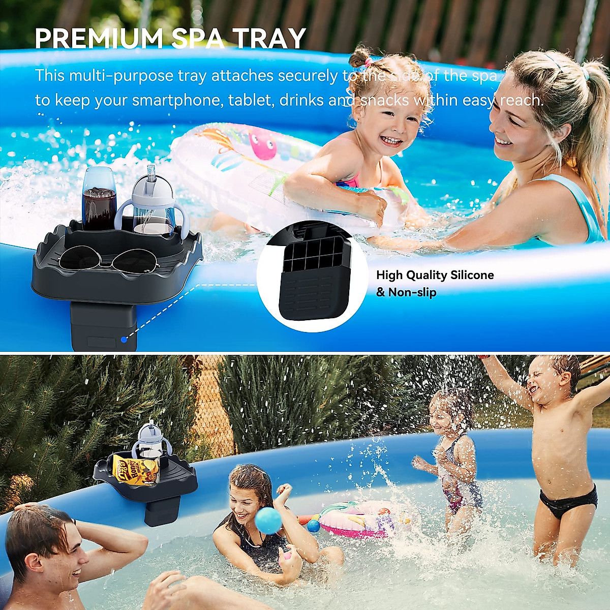 Anivia Hot Tub Table Tray, Adjustable Hot Tub Side Table, Nonslip Drink Caddy with 2 Cup Holders, Keep Snacks-Drinks Handy and Dry, Fits Inflatable Spa/Pool/Bathtub Hot Tub Accessories (Dark Grey)