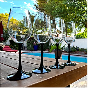 Lily's Home Unbreakable Stemmed White Wine Glasses, Made of Non Breakable Shatterproof Plastic, Indoor and Outdoor Drinkware, Reusable and Dishwasher-Safe, 13 oz. Each, Set of 4 (Black Stem)