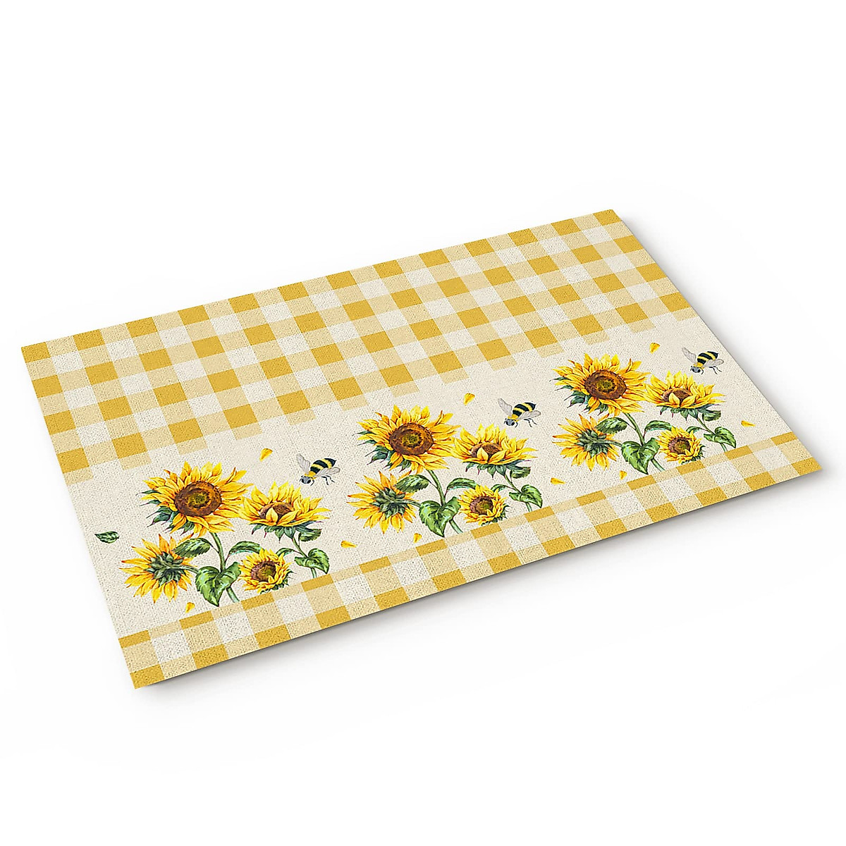 Doormat Bath Rugs Non Slip Retro Farmhouse Sunflower Yellow Buffalo Check Washable Cover Floor Rug Absorbent Carpets Floor Mat Home Decor for Kitchen Bathroom Bedroom (16x24)