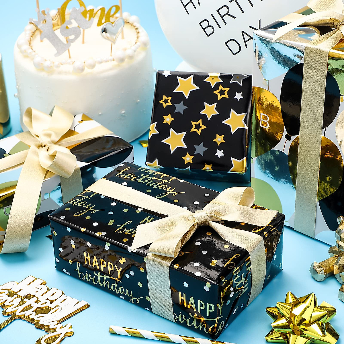 LeZakaa Birthday Wrapping Paper Roll - Mini Roll - Metallic Foil with Balloon, Star and Happy Birthday Lettering - 17 x 120 inches, 3 Rolls (42.5 sq.ft.ttl.)
