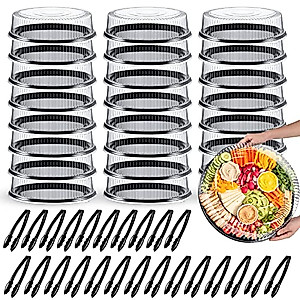 24 Sets 16 Inch Catering Trays with Lids Plastic Serving Trays with 24 Lids and 24 Plastic Serving Tongs Disposable Stackable Trays Black Round Catering Trays for Party Picnic Appetizers Takeout Food