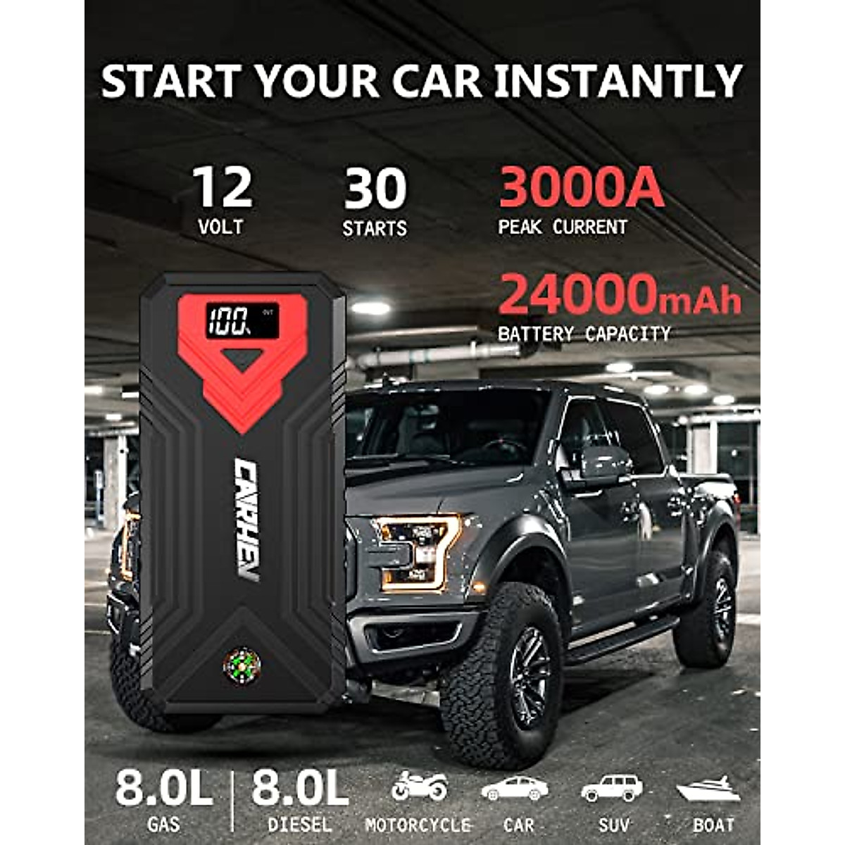 CARHEV 3000A Jump Starter, 24000mAh Car Battery Jump Starter (up to 8.0L Gas and 8.0L Diesel Engine) Battery Jumper Starter Portable, 12V Car Jumper Starter Portable with LED Light and USB QC 3.0