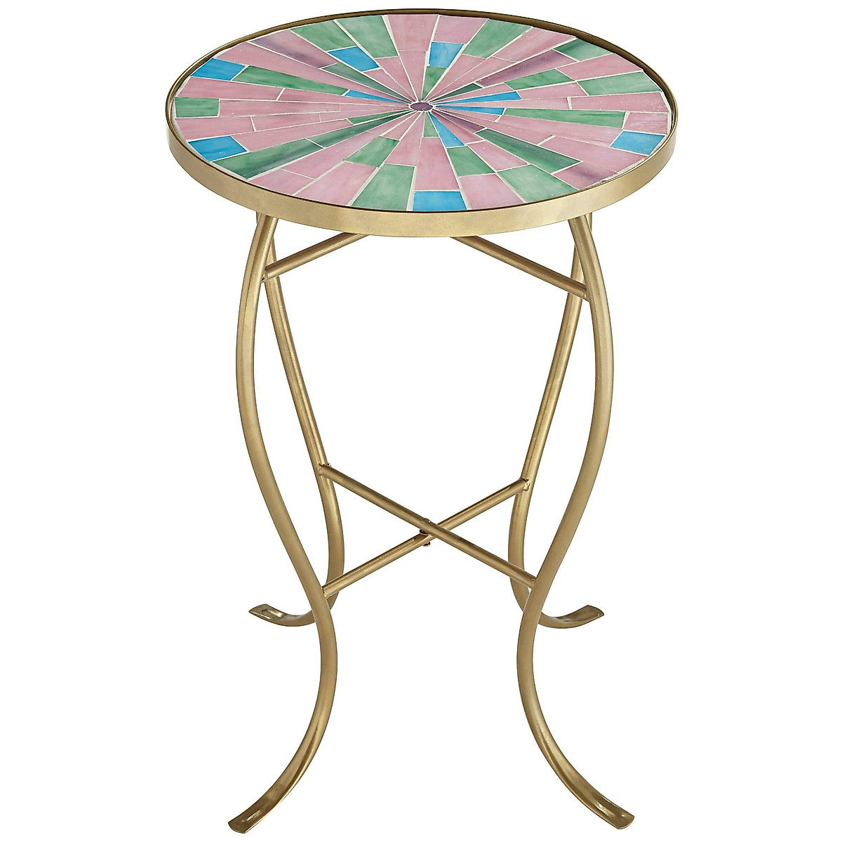 Teal Island Designs Pastel Modern Gold Metal Round Outdoor Accent Side Table 14 1/4" Wide Pink Green Hand-Crafted Mosaic Glass Tile Tabletop Gracefully Curved Legs for Porch Patio House Balcony