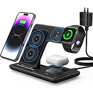 Charging Station for Apple Multiple Devices, 3 in 1 Fast Wireless Charger Foldable for iPhone 14/13/12/11/Pro/XS/Xs Max/XR/X/SE/8/8 Plus Apple Watch 8/7/6/SE/5/4/3/2 AirPods 3/2/Pro with Adapter