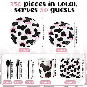 Domensi 350 Pcs Pink Cowgirl Party Supplies Cow Party Tableware Set Serve 50 Cow Print Plates Napkins Cups Cow Theme Party Decoration for Cowgirl Cowboy Farm Animal Cow Theme Birthday Baby Shower