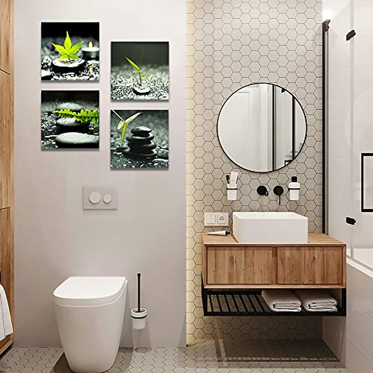 Artscope 4 Pieces Canvas Prints Wall Art - Green Leaf Raindrops and Stones Picture Painting- Modern Wall Artwork Framed for Bathroom Home Office Decor - 12 x 12 Inch