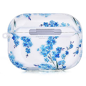 QINGQING Airpods Pro Case, 3 in 1 Cute Airpod Pro Clear Protective Hard Case Cover Shockproof Women Girls Men with Keychain for Airpods Pro Charging Case (Clear-Blue Floral)