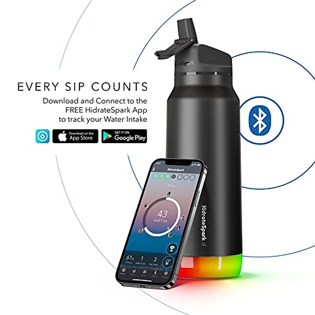 Hidrate Spark PRO Smart Water Bottle – Insulated Stainless Steel – Tracks Water Intake with Bluetooth, LED Glow Reminder When You Need to Drink – Straw Lid, 32oz, Black