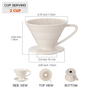 YOLIFE Pour Over Coffee Dripper, Pour Over Cone Coffee Maker, Ceramic, 2 Cup, Off White