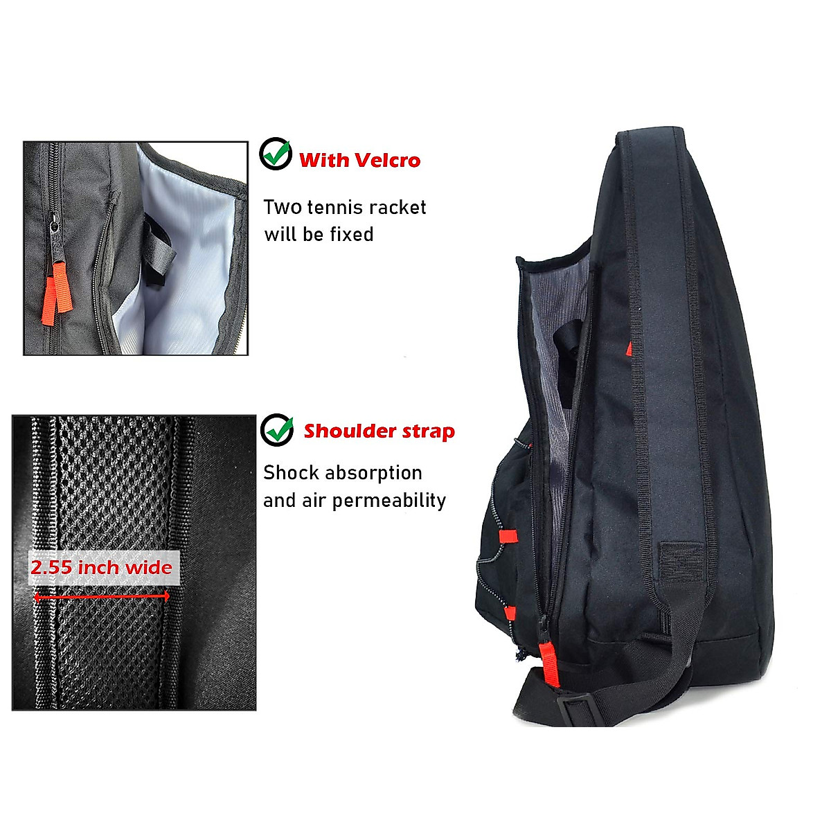 d'yallee Tennis Bag for Men Women, Racquetball Pickleball Paddle Squash Sling Bags Crossbody Sports Backpack Adult with USB Charge Port (Black)