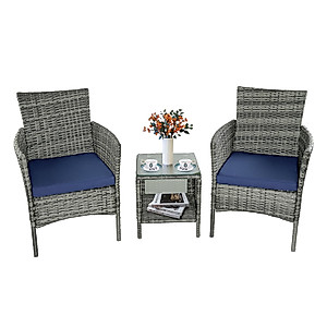 JRBIAOGE Patio Conversation Furniture 3-Piece Set PE Rattan Wicker Chair with Table Suitable for Patio, Poolside, Lawn and Other Outdoor Occasions (Grey+Dark Blue)