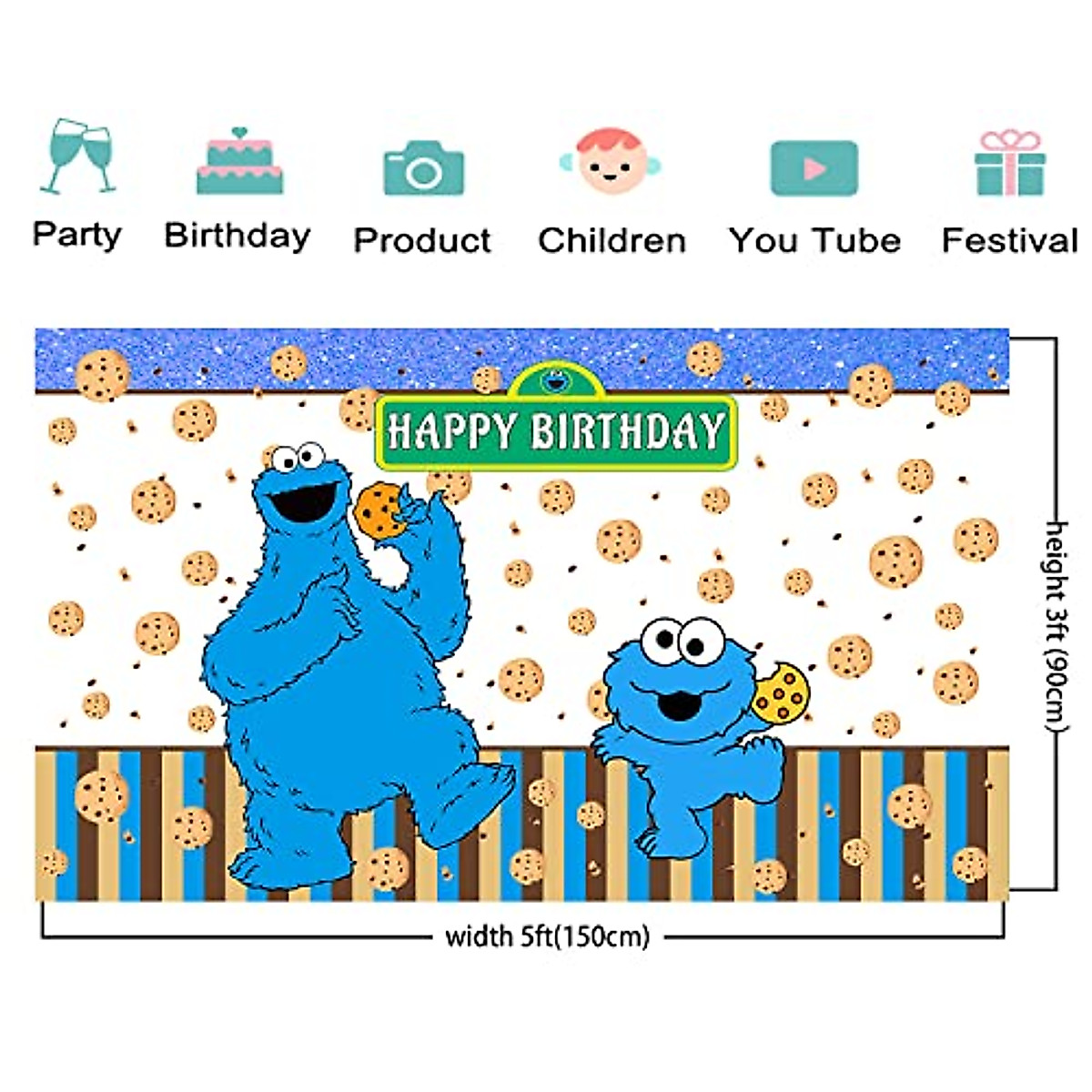 MEDSOX Blue Cookie Monster Backdrop for Birthday Party Supplies 5x3ft Cartoon Banner for Street Party Decorations