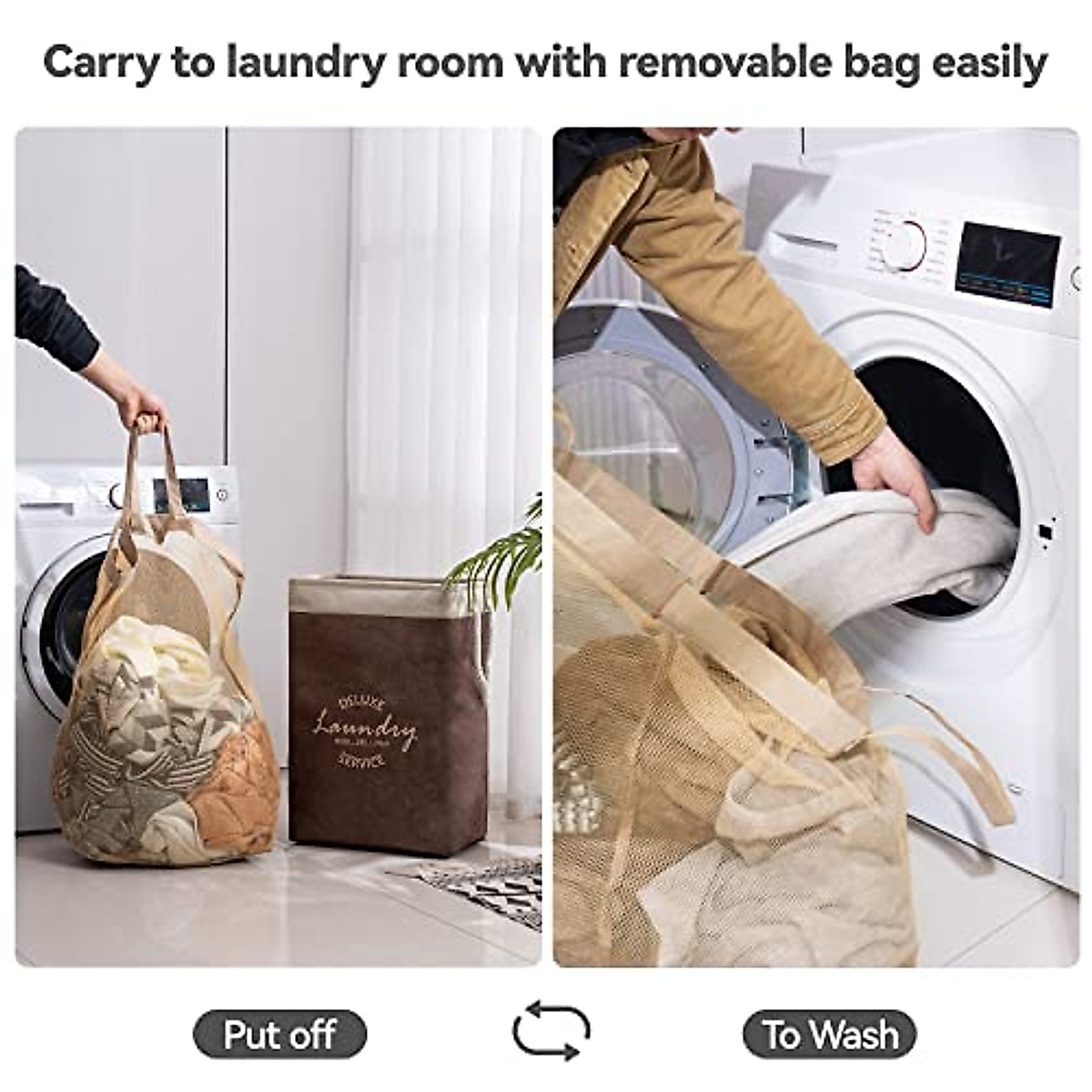 TECHMILLY 72L Large Laundry Hamper with Removable Bag, Collapsible Laundry Basket with Rope Handles, Dirty Clothes Hamper for Bedroom, Living Room, Clothes Toys Organizer, Brown