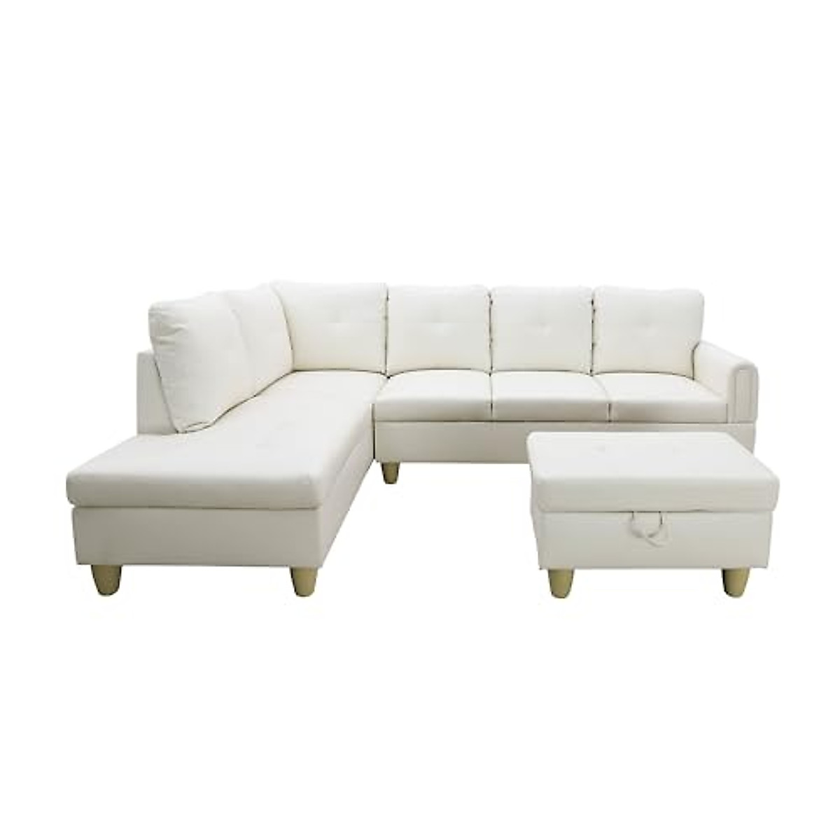 NOTOP 3-Piece Faux Leather L-Shaped Sectional Sofas, Button Tufted Upholstered Couch Set with Left Chaise Longue and Storage Ottoman, for Living Room, Home, Office,White
