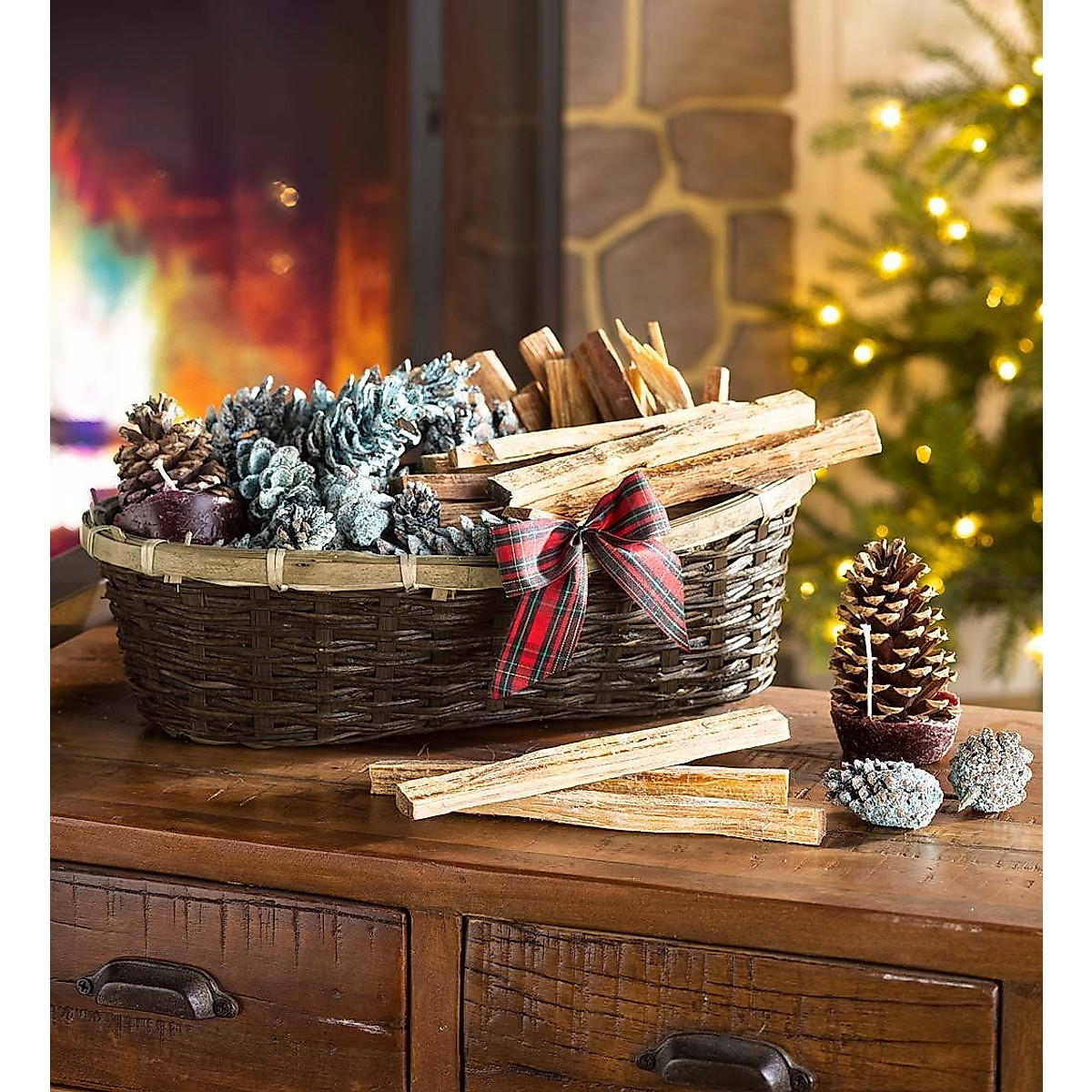 Plow & Hearth Fire Starter Basket with Fatwood, Color Cones and Wax Cones