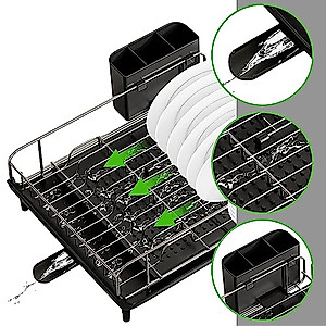 Fixwal Large Dish Drying Rack, Dish Rack for Kitchen Counter, Expandable Stainless Steel Dish Drainers, Kitchen Gadgets with Utensil Holder & Drainboard for Various Kitchenware