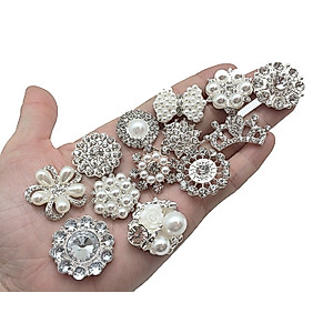 PEPPERLONELY Brand 12PC Mixed Style Acrylic Pearl Rhinestone Flat Back Alloy Metal Embellishments & Sew On Buttons 13/16~1-3/16 Inch