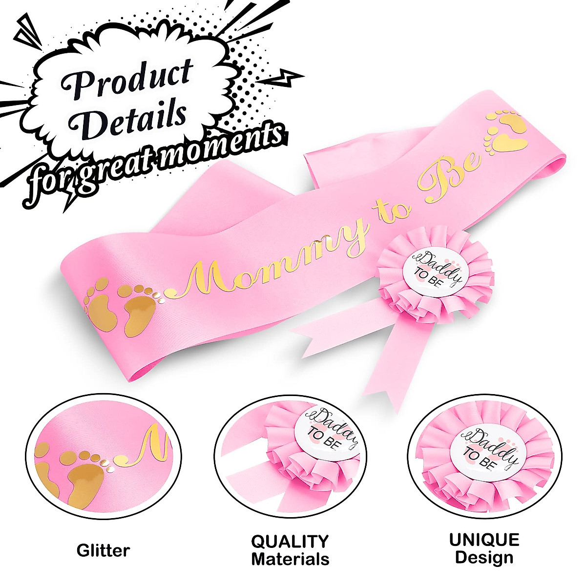 Mommy Sash and Daddy to Be Tinplate Badge for Baby Shower Decorations, Ideal Be Mommy Shower Sash and 'Daddy to Be' Button Pin Gift for Gender Reveals Party (Pink)
