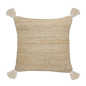 LR Home Natural Jute Tassels Throw Pillow, 1 Count (Pack of 1), Tan