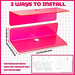 Floating Wall Shelves 9 Inch Acrylic Small Wall Shelf Hanging Shelves Adhesive Shelf Screwless Display Shelf with Cable Clips and Stickers for Bathroom, Bedroom, Office (Fluorescent Pink, 4 Pcs)