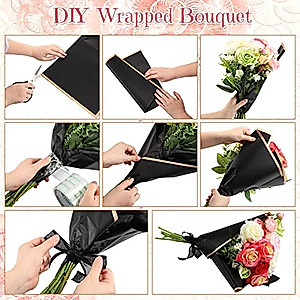 Mimorou 60 Pcs Pure Color Gold Edge Flower Wrapping Paper Waterproof Translucent Bouquet Packaging Paper Florist Bouquet Supplies for Valentine's Day Wedding DIY Crafts Gift (Black)