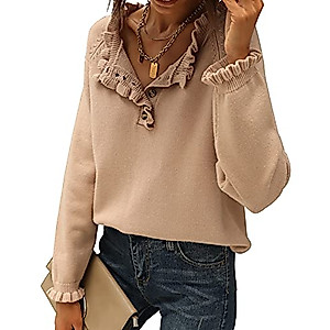 BTFBM Women's Sweaters Casual Long Sleeve Button Down Crew Neck Ruffle Knit Pullover Sweater Tops Solid Color Striped(Solid Khaki, Small)