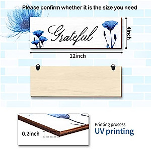 Blue Wall Decor for Living Room 4 Pieces - Focused Grateful Blessed Thankful Wood Signs, MONKLE Flowers Wall Art Decor Wooden Hanging Plaques, Floral Art Decorations for Home Kitchen Living Room