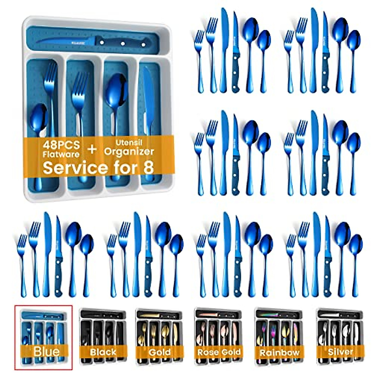 Blue Silverware Set with Drawer Organizer, 48 Pieces Flatware Set for 8, Stainless Steel Cutlery with tray, Kitchen Utensil Tableware for Home Restaurant Hotel Kitware Forks Knifes Spoons