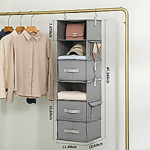 6-Tier Hanging Shelves for Closet, Two 3-Shelf Hanging Closet Organizer w/ 4 Side Pockets and 3 Drawers, Combinable for Dorm Wardrobe Organizer and RV Storage and Organization (Light Gray, Assembled)