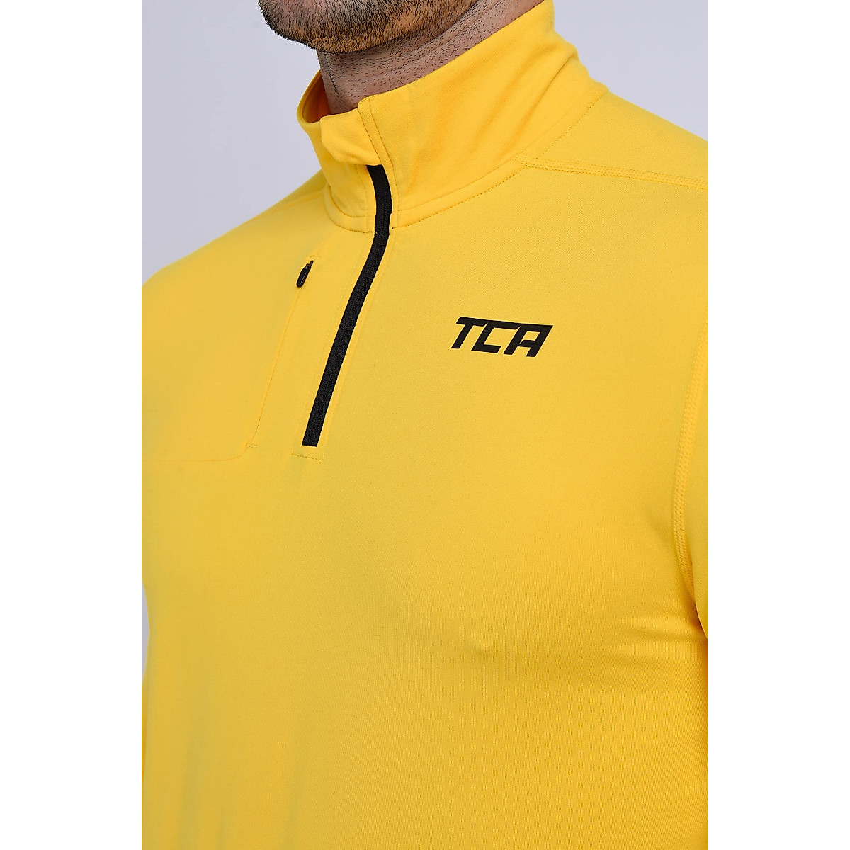 TCA Men's Fusion Pro Quickdry Long Sleeve Half Zip Running Shirt – Athletic Workout Pullover with Pocket & Thumb Holes- Spectra Yellow, Large
