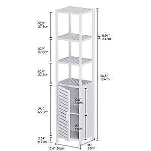 HITNET Bathroom Tall Cabinet, Floor Standing Bamboo Storage Cabinet with 6 Shelves and Shutter Door for Kitchen Living Room, White