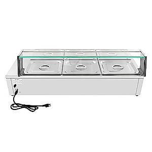 110V Bain Marie Food Warmer 6 Pan, Food Grade Stainelss Steel Commercial Food Steam Table 6-Inch Deep, 1200W Electric Countertop Food Warmer with Tempered Glass Shield