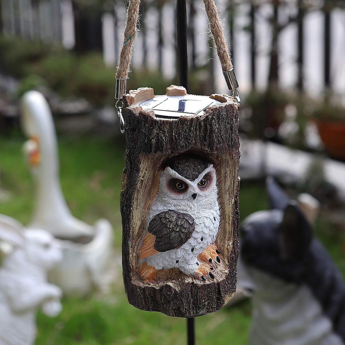KZOBYD Solar Hanging Lanterns Outdoor Waterproof Owl Stump Lamp with Handle LED Owl Statue Light Lawn Figurine Solar Powered for Patio Courtyard Yard Garden Porch Tabletop Decor (Brown Wing)