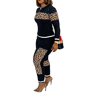 Alunzoem Womens Casual 2 Piece Outfits, Leopard Print Long Sleeve Top Pants Set Tracksuits Black XL
