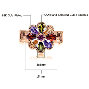Savlano 14K Gold Plated Cubic Zirconia Multicolor Rainbow Flower Ring for Women (Rose Gold, 7)