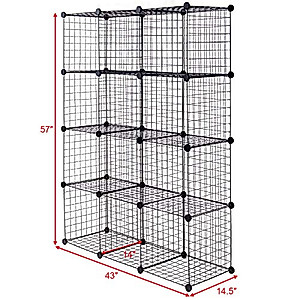 NAFORT 12-Cube Metal Grid Storage Rack, Stackable Free Standing Storage Organizer, DIY Cabinet Bookshelf, Easy to Assemble, 56” L x 14” W x 56” H(Black)