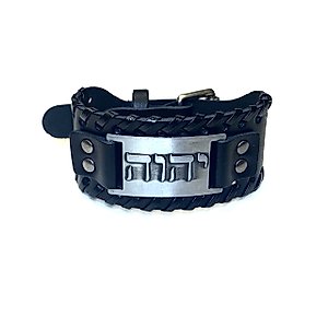 YHWH Bracelet Modern Hebrew Black leather with metal piece produced by me, adjustable
