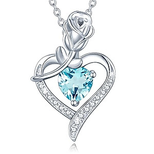 AGVANA March Birthstone Jewelry Aquamarine Necklace for Women Sterling Silver Rose Flower Heart Pendant Necklace Fine Jewelry Anniversary Birthday Gifts for Women Wife Lady Her