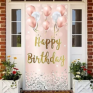 Pink Rose Gold Happy Birthday Door Banner Backdrop Decorations for Women Girls, Happy Birthday Party Door Cover Sign Background Supplies for 16th, 21st, 30th, 40th, 50th, 60th Birthday Décor