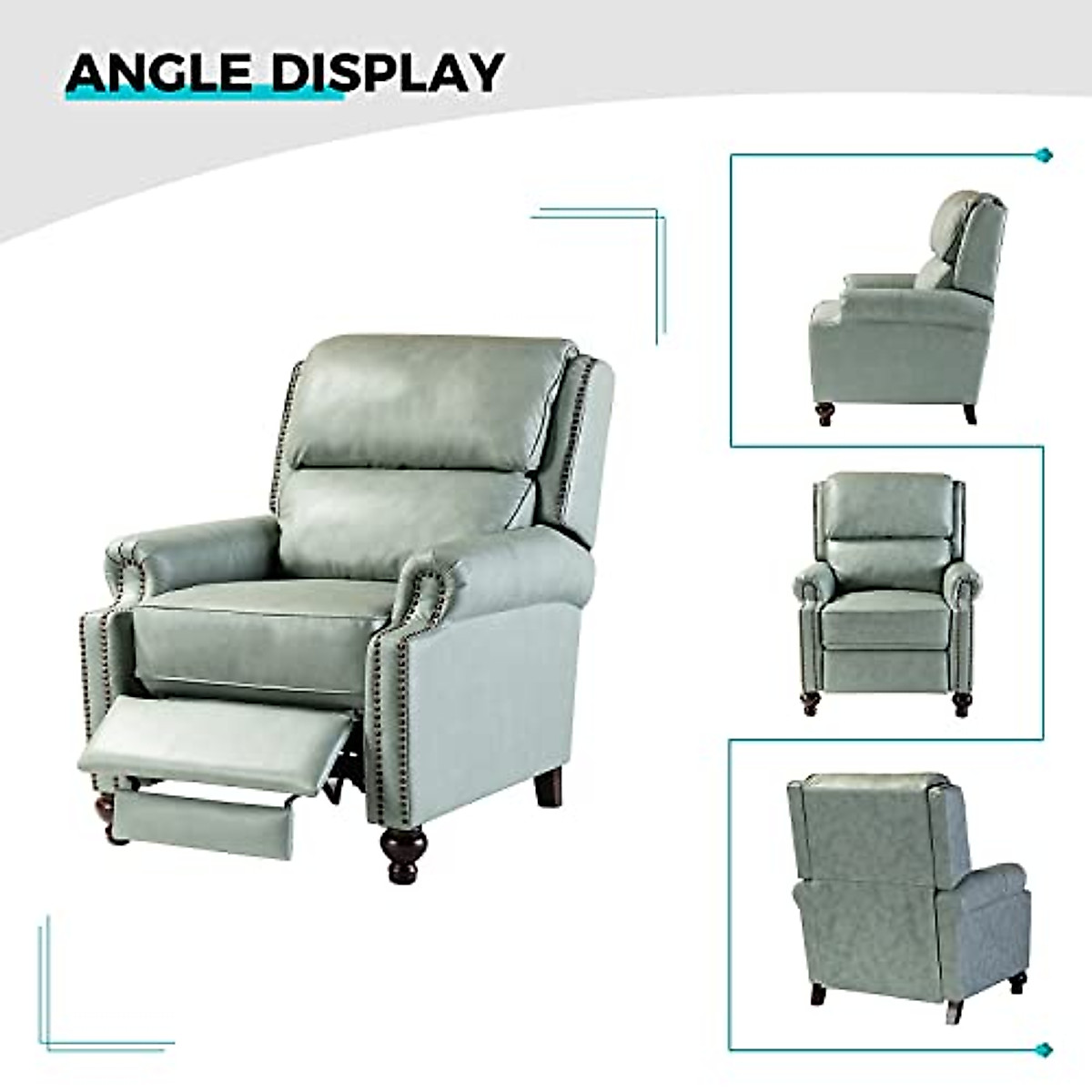 HULALA HOME Genuine Leather Recliner Chair, Classic and Traditional Push Back Recliner Chair for Living Room, Adjustable Leather Cigar Chair Recliner Vintage Sofa with Nail Head Trim,SAGE