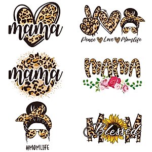 Whaline 6 Sheet Mama Iron On Transfers Patches Leopard Patterns Heat Transfer Iron Patches Leopard Momlife Heat Transfer Stickers for Clothing Fabric DIY Craft Costume Decor