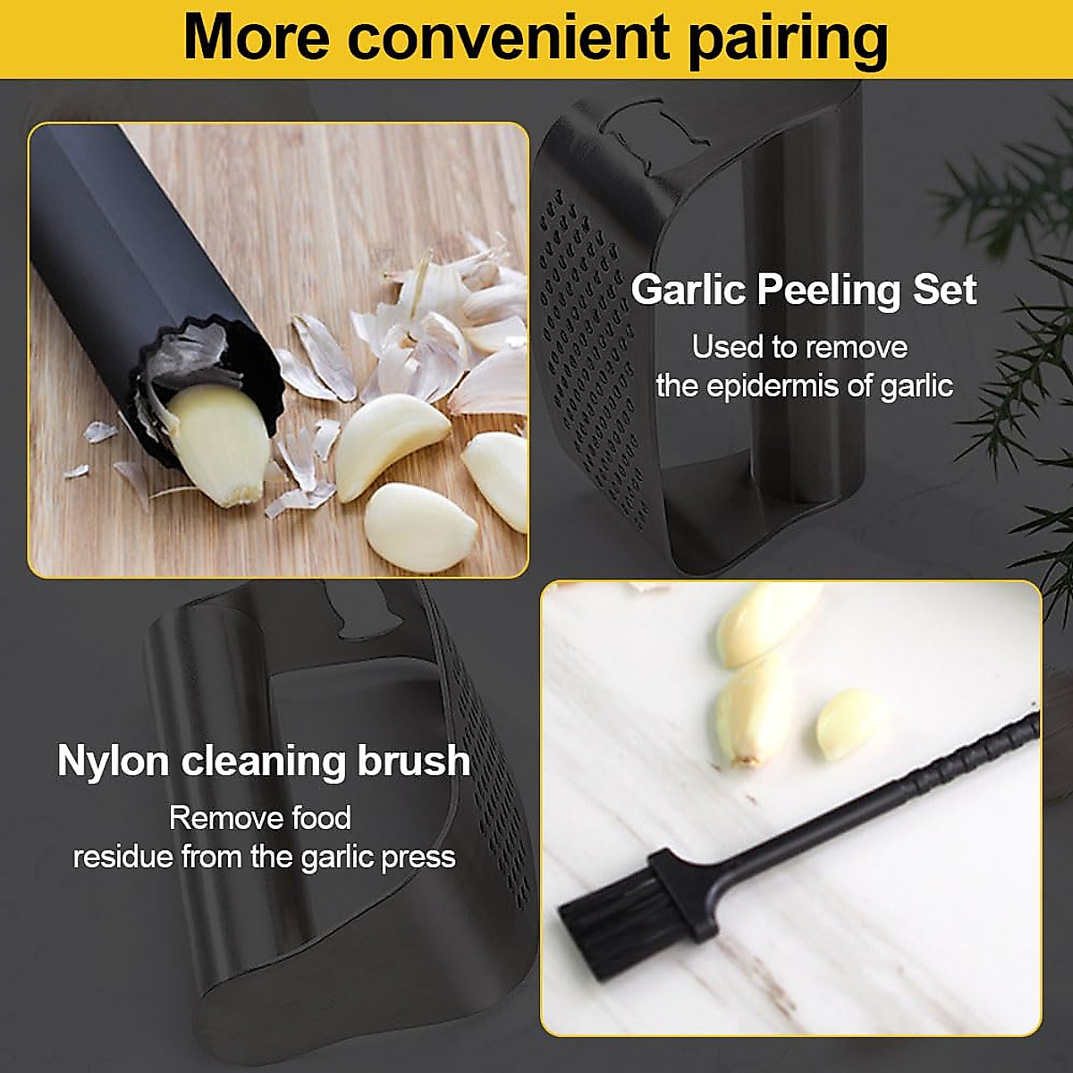 Stainless Steel Garlic Presser, 2024 New Garlic Press Rocker Garlic Mincer Garlic Press Stainless Steel, Garlic Chopper with Peeler and Cleaning Brush for Smash Garlic Kitchen Tools (A)