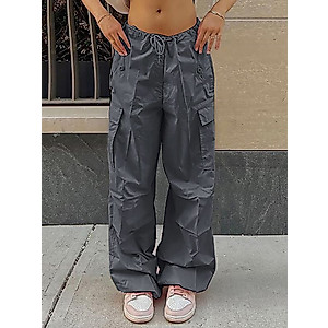 LQI Parachute Pants for Women Y2K Baggy Cargo Pants Drawstring Trousers Low Rise Loose Jogger Sweatpants Grey