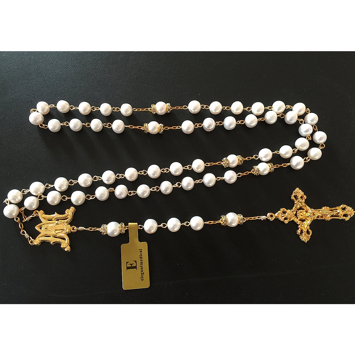 elegantmedical HANDMADE CATHOLIC GLOD 8MM REAL PEARL PEARL BEADS NECKLACE 5 DECADE ROSARY & CROSS CRUCIFIX BOX