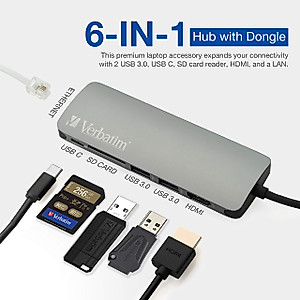 Verbatim 6-in-1 USB C Hub w/Dongle - USB Hub for Laptop w/ 2 USB 3.0, USB C, SD Card Reader, 4K HDMI, Ethernet, Compact & Portable USB-C Hub
